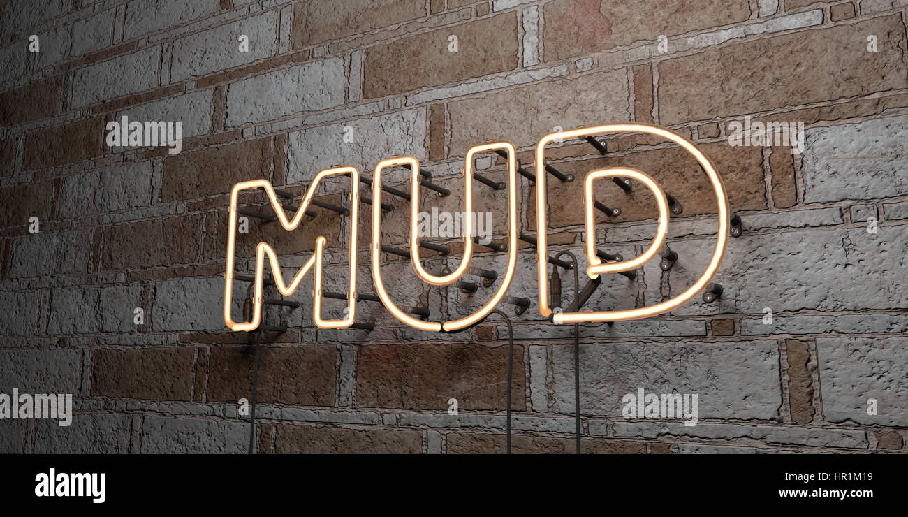 MUD - Glowing Neon Sign on stonework wall - 3D rendered royalty free ...