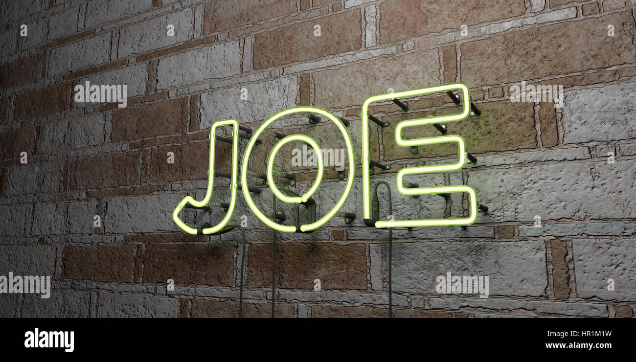 JOE - Glowing Neon Sign on stonework wall - 3D rendered royalty free ...