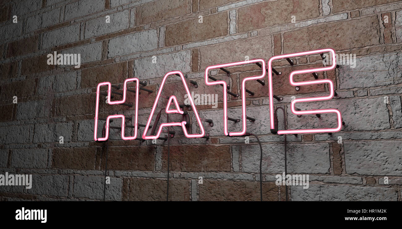 HATE - Glowing Neon Sign on stonework wall - 3D rendered royalty free ...