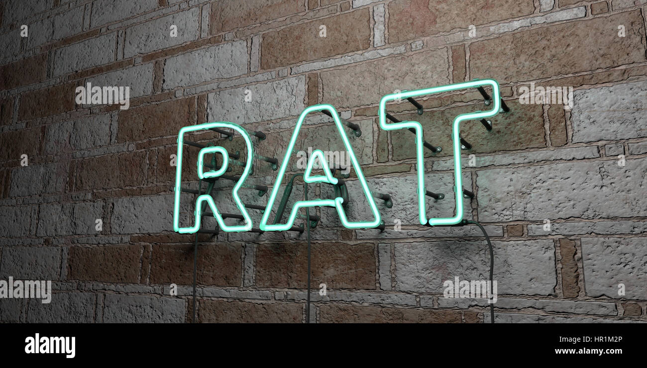RAT - Glowing Neon Sign on stonework wall - 3D rendered royalty free ...