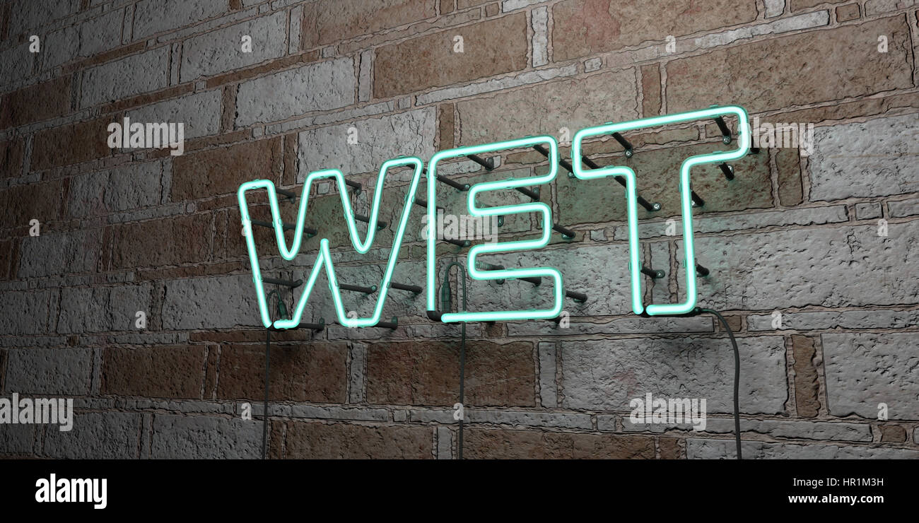 WET - Glowing Neon Sign on stonework wall - 3D rendered royalty free ...