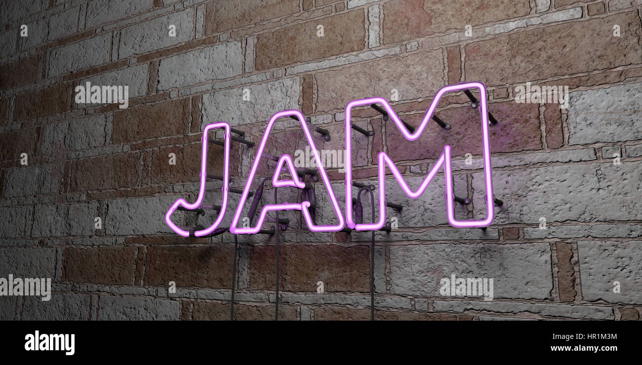 JAM - Glowing Neon Sign on stonework wall - 3D rendered royalty free ...