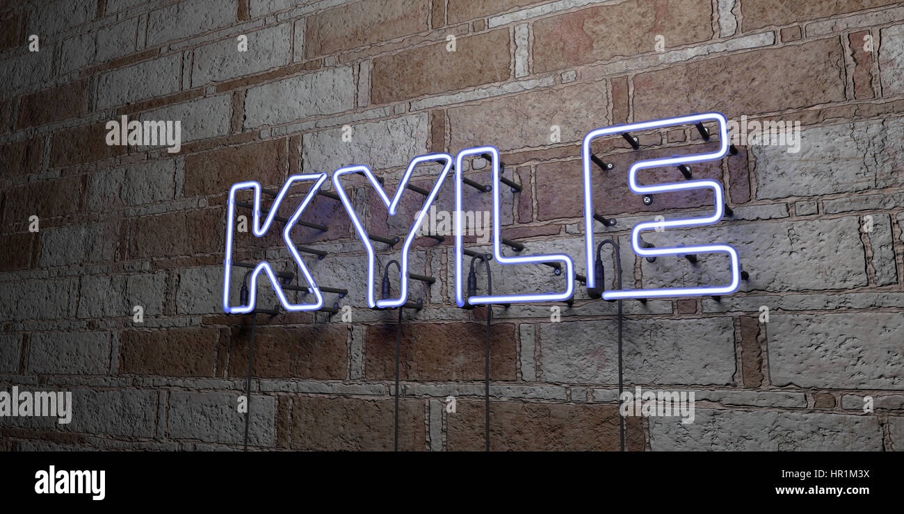 KYLE - Glowing Neon Sign on stonework wall - 3D rendered royalty free ...