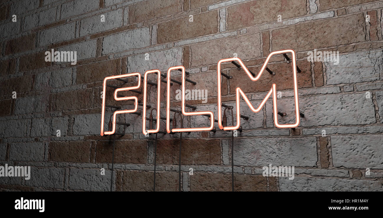 FILM - Glowing Neon Sign on stonework wall - 3D rendered royalty free ...