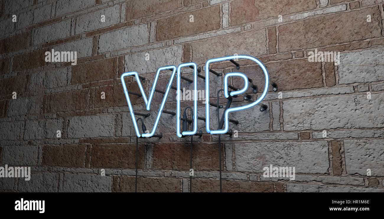 VIP - Glowing Neon Sign on stonework wall - 3D rendered royalty free ...