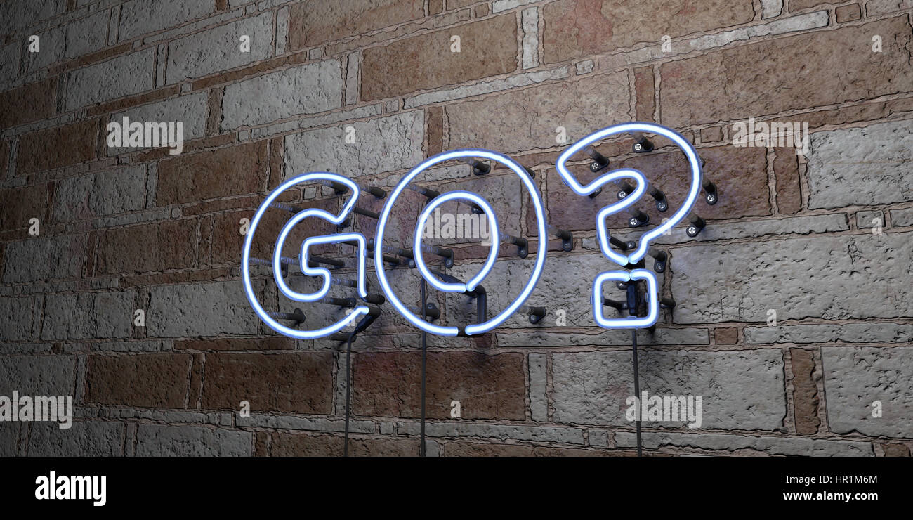 GO? - Glowing Neon Sign on stonework wall - 3D rendered royalty free ...