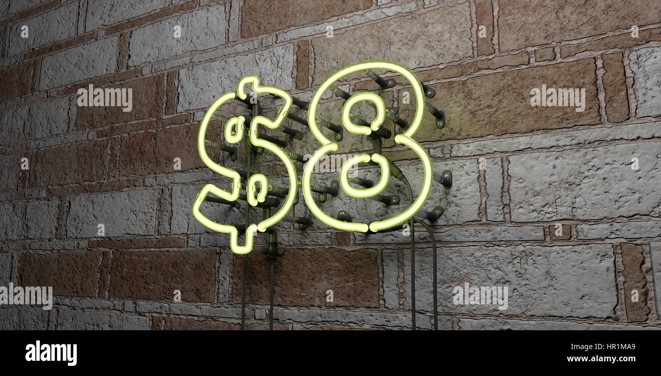 $8 - Glowing Neon Sign on stonework wall - 3D rendered royalty free ...