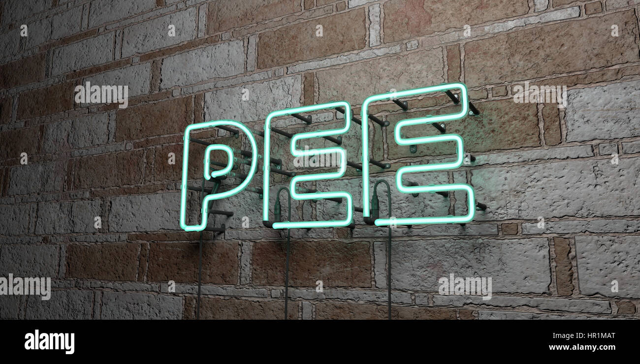 PEE - Glowing Neon Sign on stonework wall - 3D rendered royalty free ...