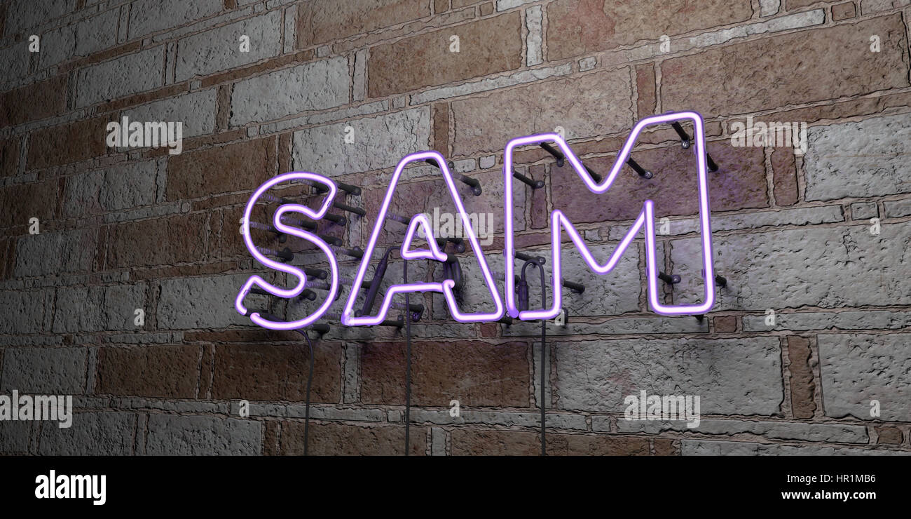 SAM - Glowing Neon Sign on stonework wall - 3D rendered royalty free ...