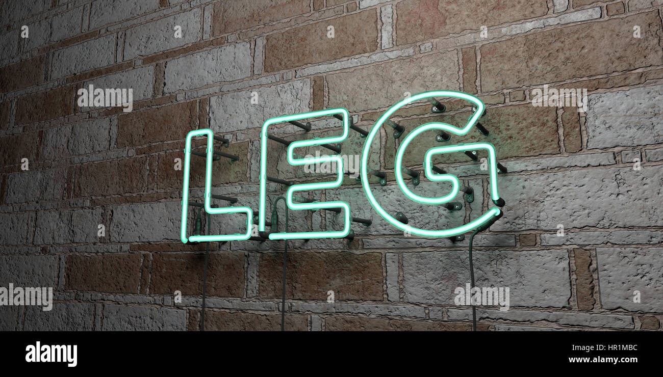 LEG - Glowing Neon Sign on stonework wall - 3D rendered royalty free ...