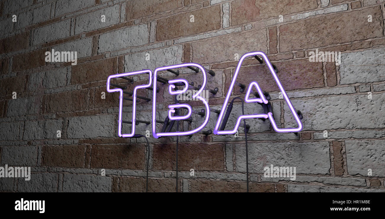 TBA - Glowing Neon Sign on stonework wall - 3D rendered royalty free ...