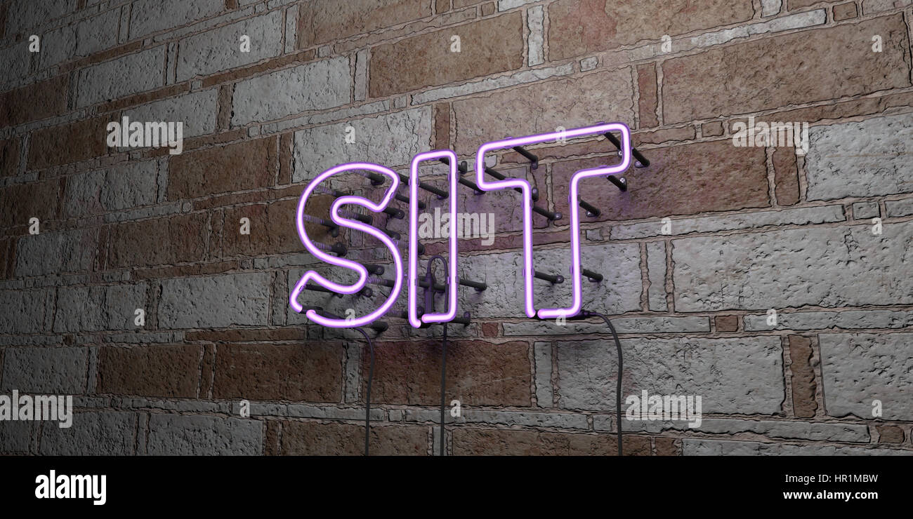 SIT - Glowing Neon Sign on stonework wall - 3D rendered royalty free ...