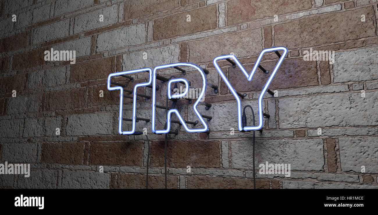 TRY - Glowing Neon Sign on stonework wall - 3D rendered royalty free ...