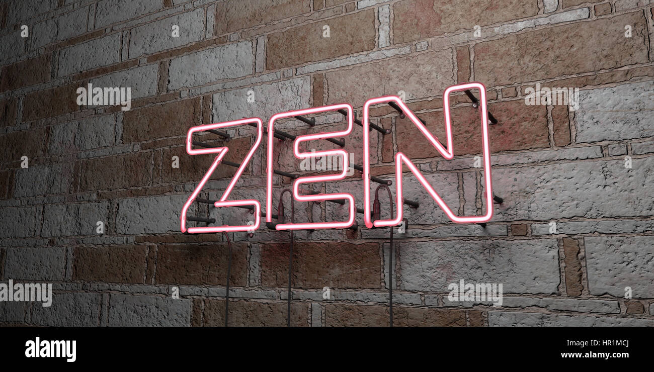 ZEN - Glowing Neon Sign on stonework wall - 3D rendered royalty free ...