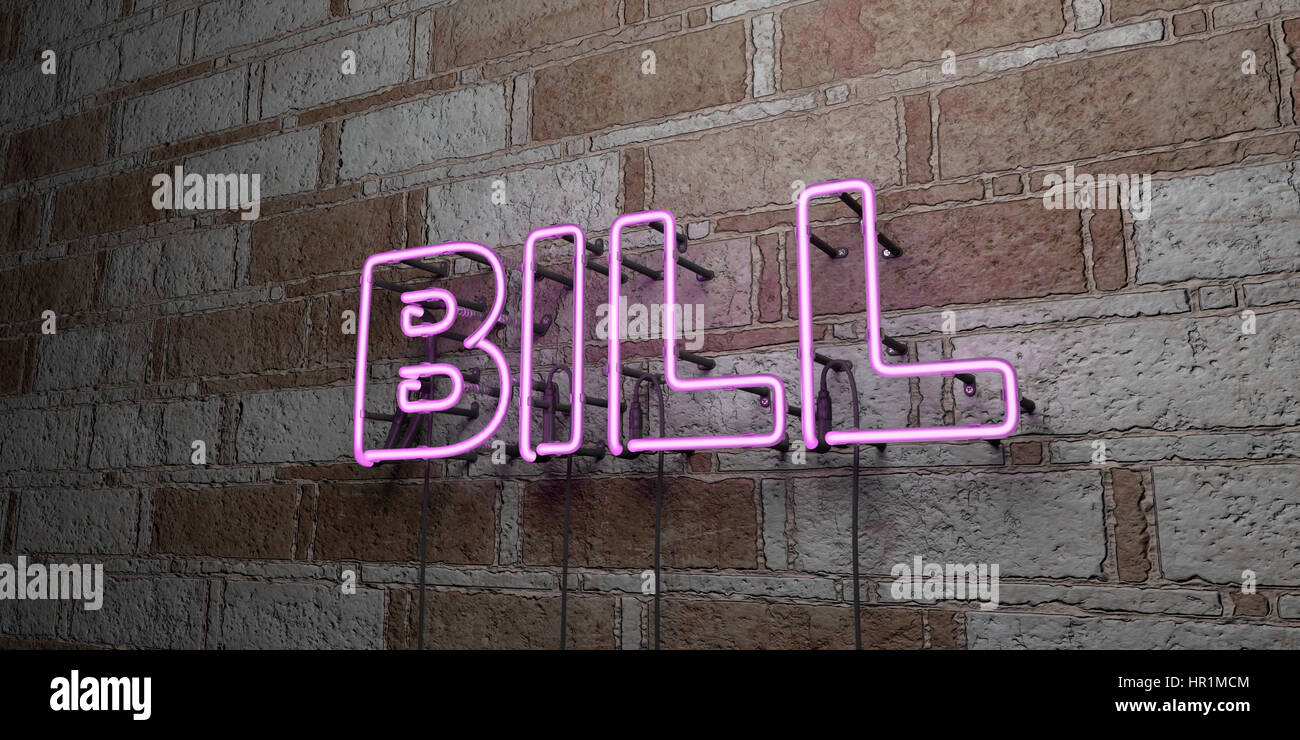 BILL - Glowing Neon Sign on stonework wall - 3D rendered royalty free ...
