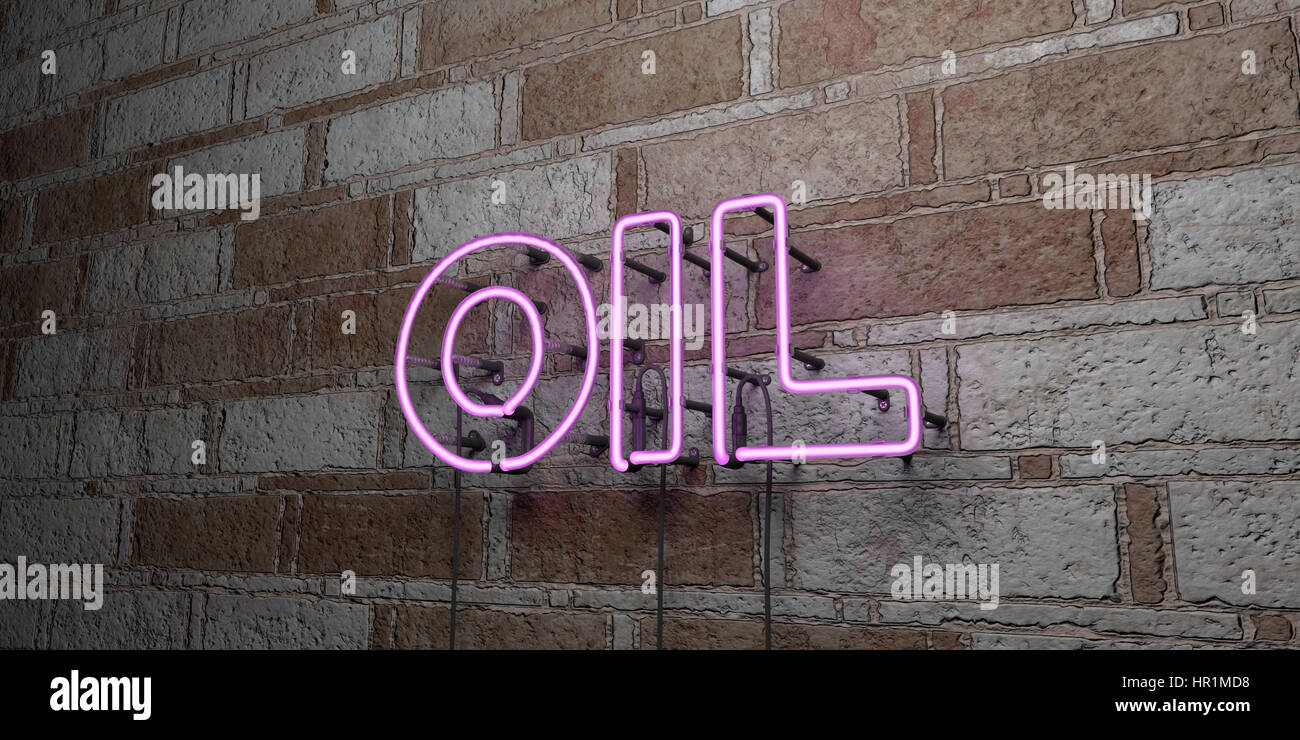 OIL - Glowing Neon Sign on stonework wall - 3D rendered royalty free ...
