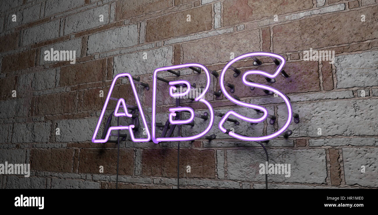 ABS - Glowing Neon Sign on stonework wall - 3D rendered royalty free ...