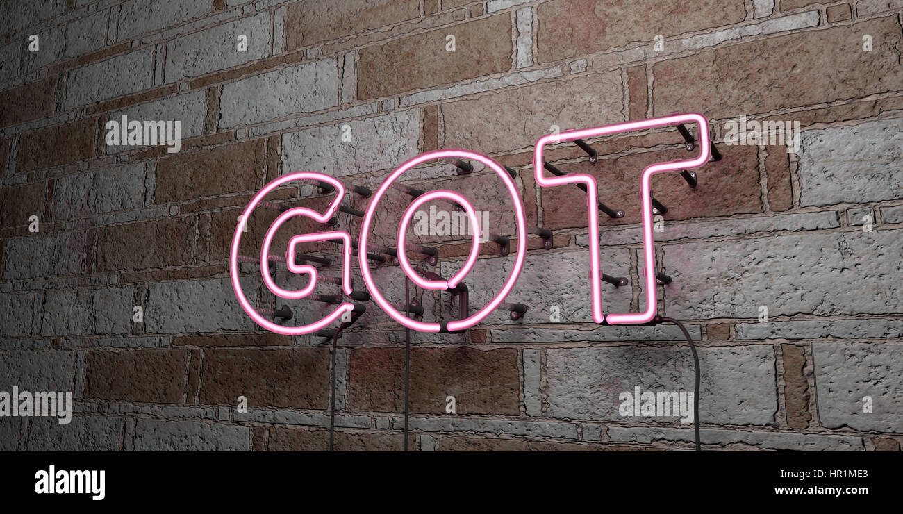 GOT - Glowing Neon Sign on stonework wall - 3D rendered royalty free ...