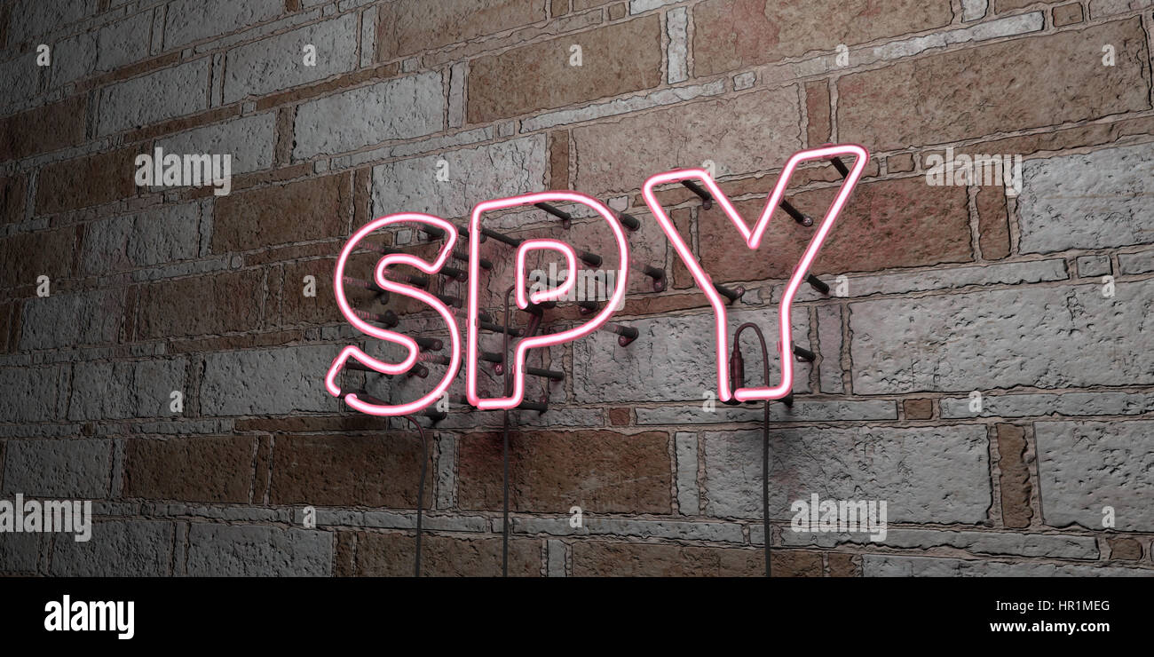 SPY - Glowing Neon Sign on stonework wall - 3D rendered royalty free ...