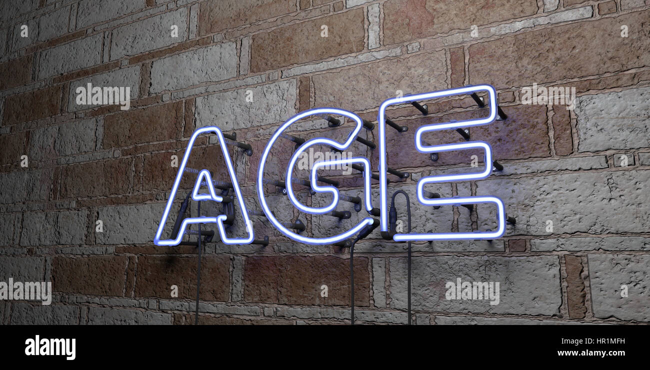 AGE - Glowing Neon Sign on stonework wall - 3D rendered royalty free ...