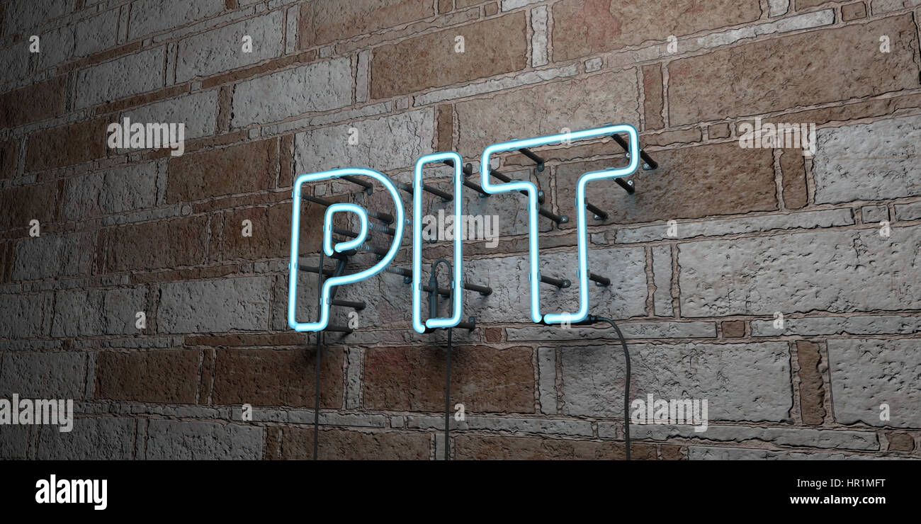 PIT - Glowing Neon Sign on stonework wall - 3D rendered royalty free ...
