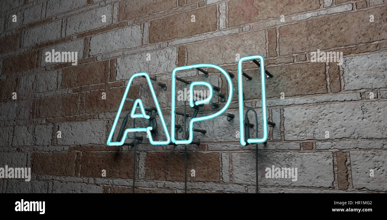 API - Glowing Neon Sign on stonework wall - 3D rendered royalty free ...