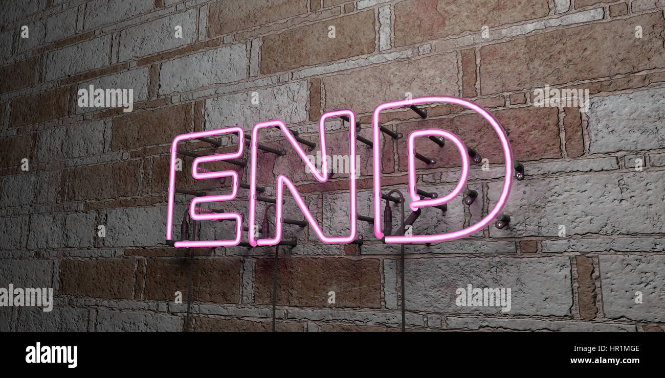 END - Glowing Neon Sign on stonework wall - 3D rendered royalty free ...