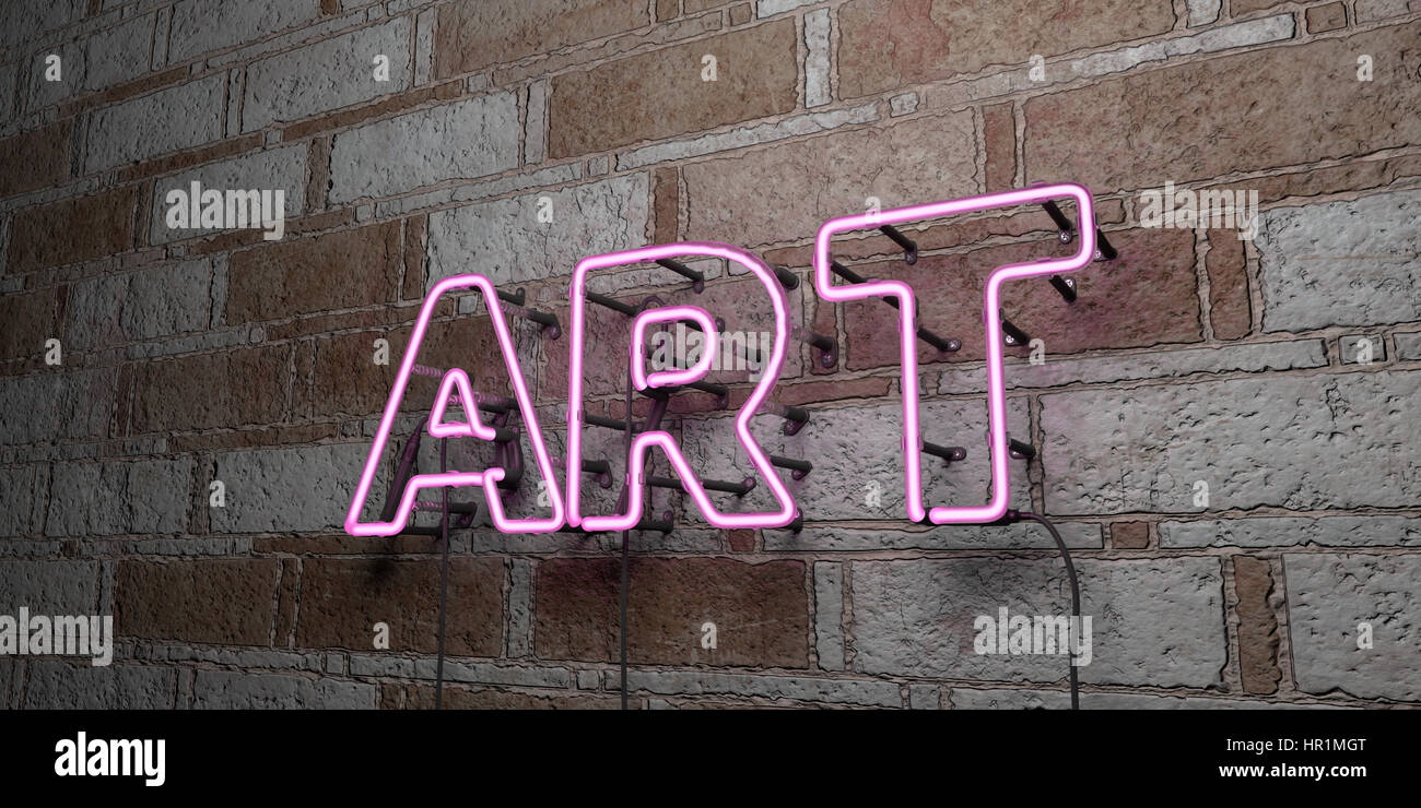 ART - Glowing Neon Sign on stonework wall - 3D rendered royalty free ...