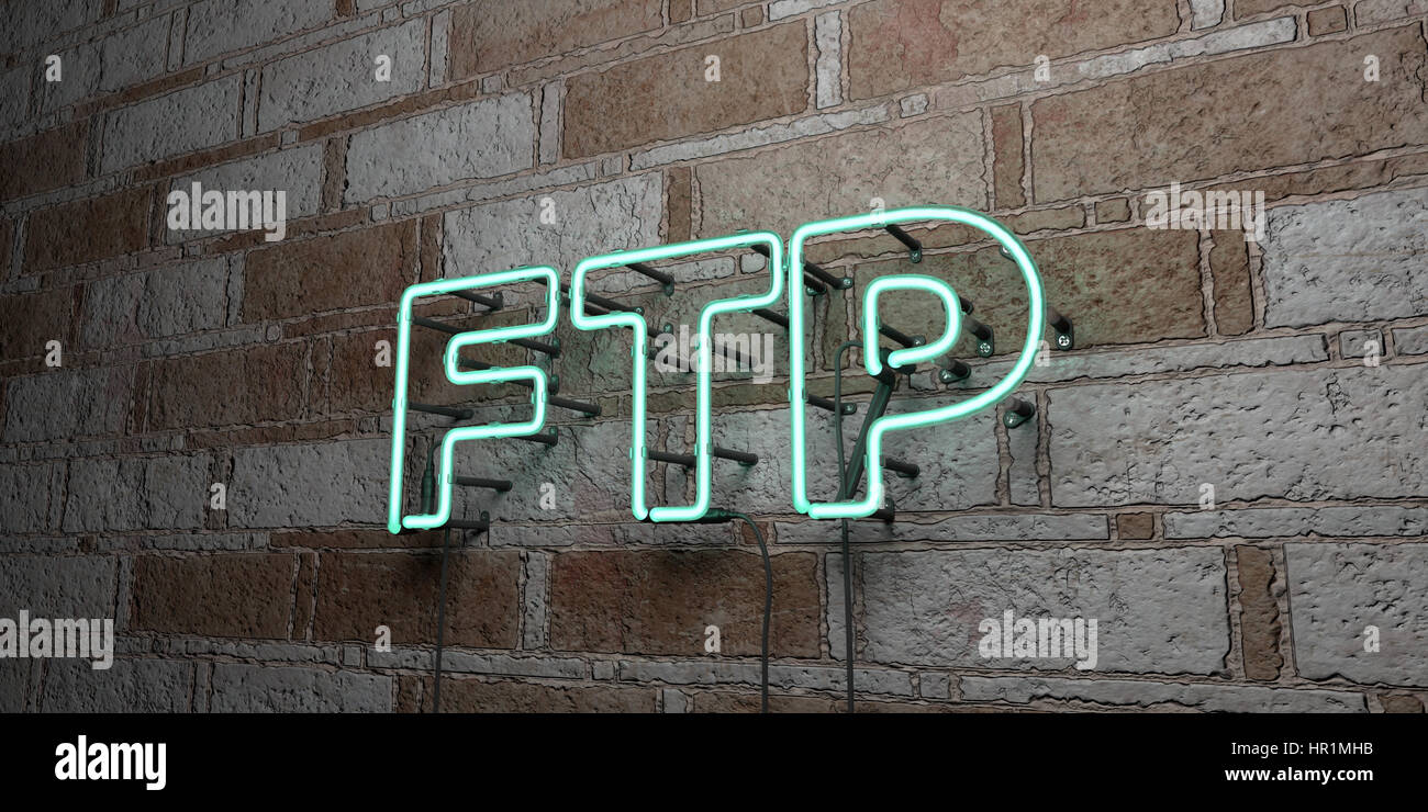 FTP - Glowing Neon Sign on stonework wall - 3D rendered royalty free ...