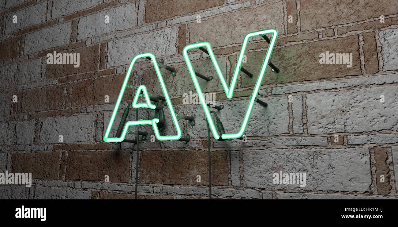 AV - Glowing Neon Sign on stonework wall - 3D rendered royalty free ...