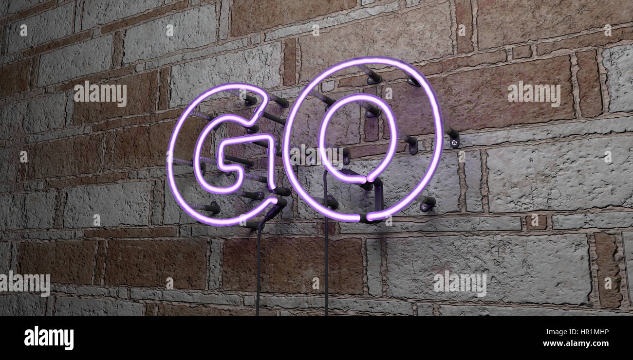 GO - Glowing Neon Sign on stonework wall - 3D rendered royalty free ...