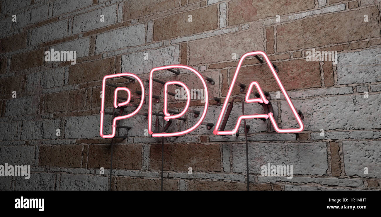 PDA - Glowing Neon Sign on stonework wall - 3D rendered royalty free ...