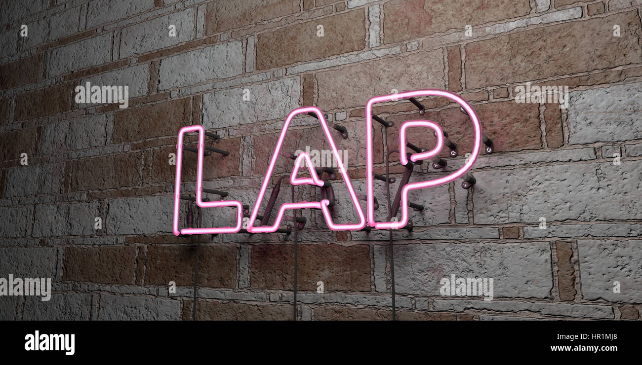 LAP - Glowing Neon Sign on stonework wall - 3D rendered royalty free ...