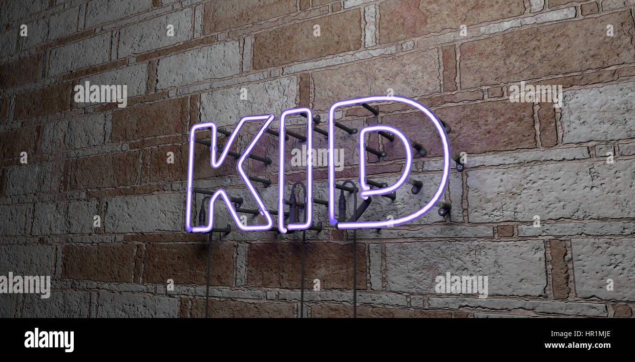 KID - Glowing Neon Sign on stonework wall - 3D rendered royalty free ...