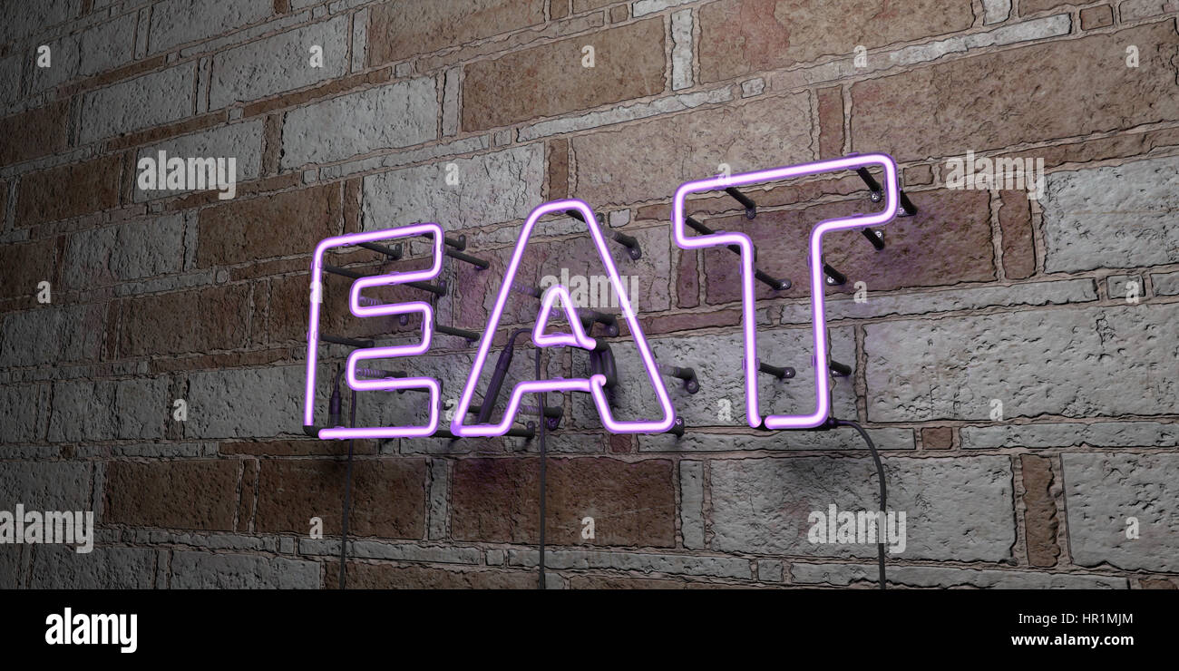 EAT - Glowing Neon Sign on stonework wall - 3D rendered royalty free ...