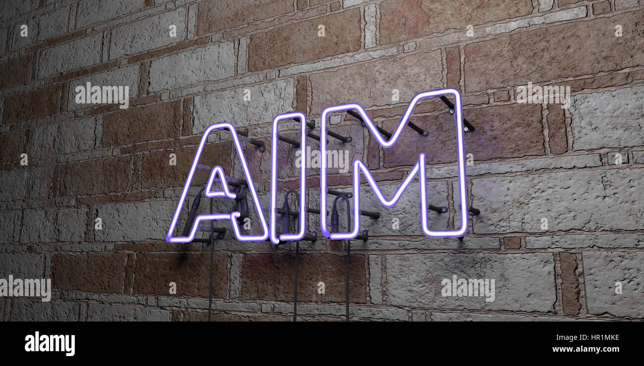 AIM - Glowing Neon Sign on stonework wall - 3D rendered royalty free ...
