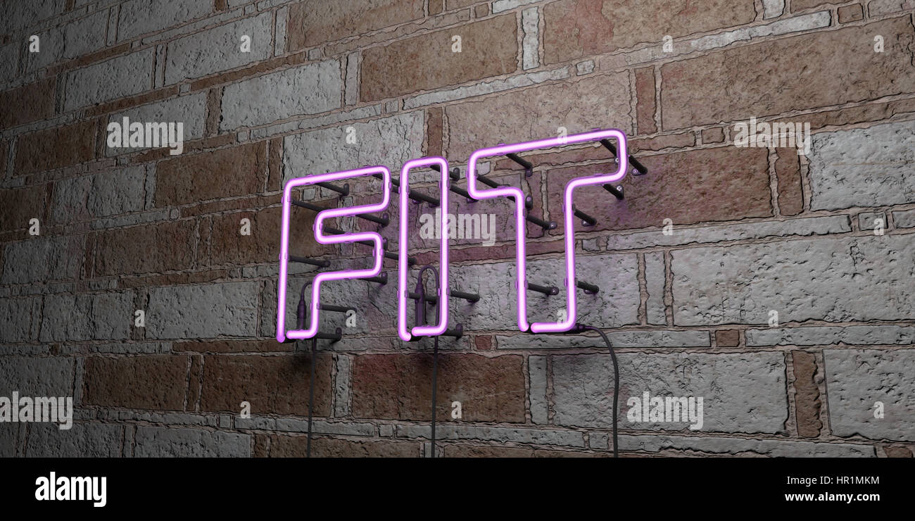 FIT - Glowing Neon Sign on stonework wall - 3D rendered royalty free ...