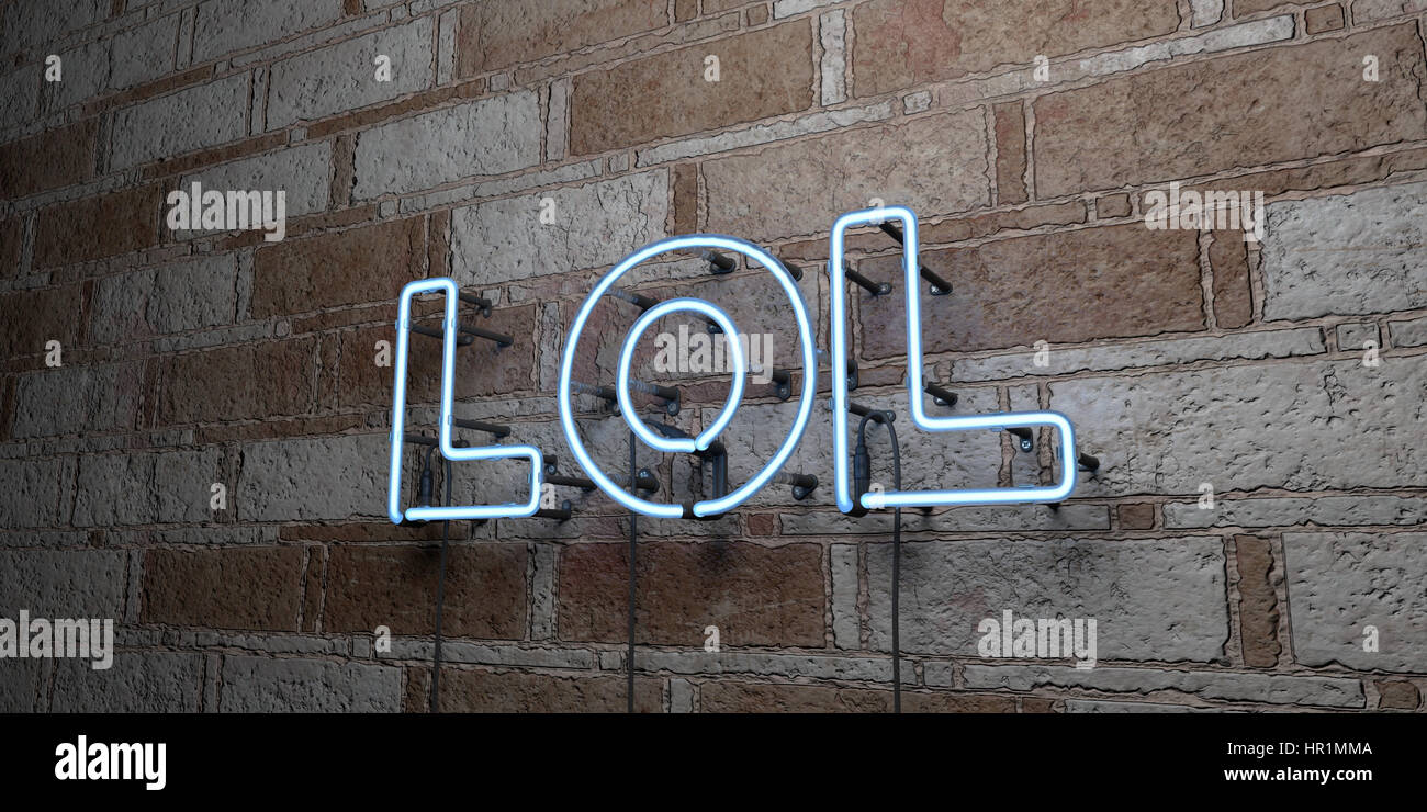 LOL - Glowing Neon Sign on stonework wall - 3D rendered royalty free ...