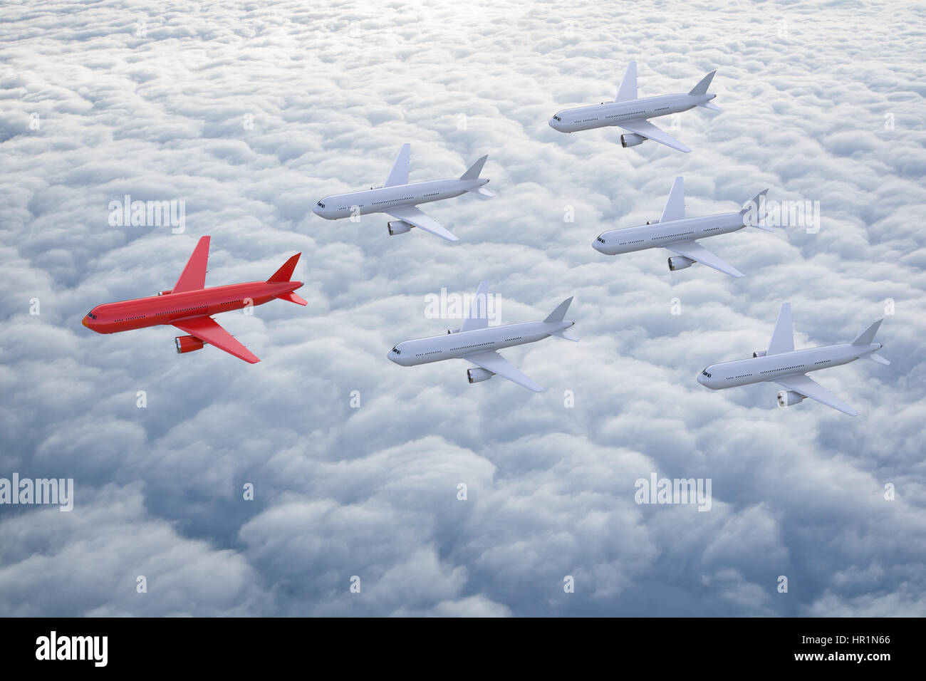 3d rendering air squadron with red plane as leader for leadership ...