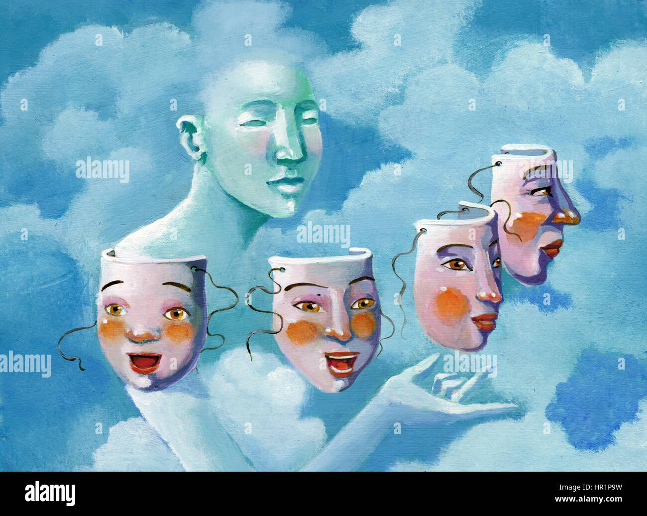 around a female figure that mingles with clouds turn 4 masks, a child ...