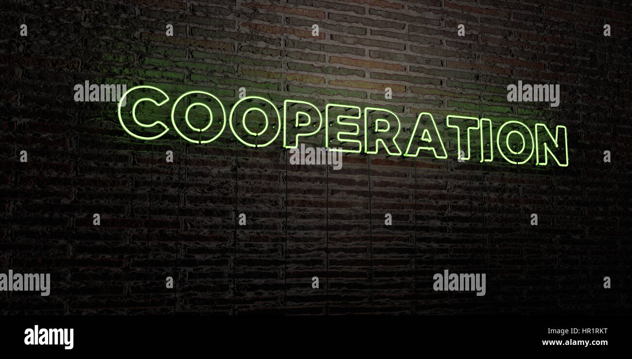 COOPERATION -Realistic Neon Sign on Brick Wall background - 3D rendered ...