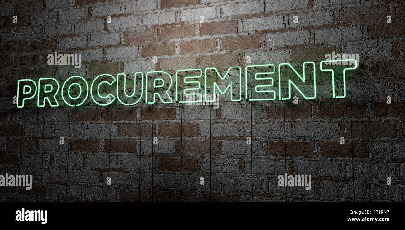 PROCUREMENT - Glowing Neon Sign on stonework wall - 3D rendered royalty ...