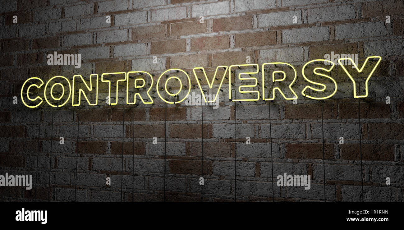 CONTROVERSY - Glowing Neon Sign on stonework wall - 3D rendered royalty ...