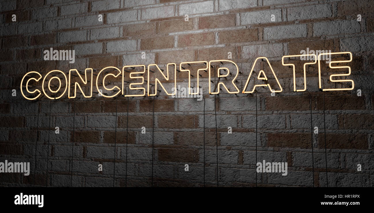 CONCENTRATE - Glowing Neon Sign on stonework wall - 3D rendered royalty ...