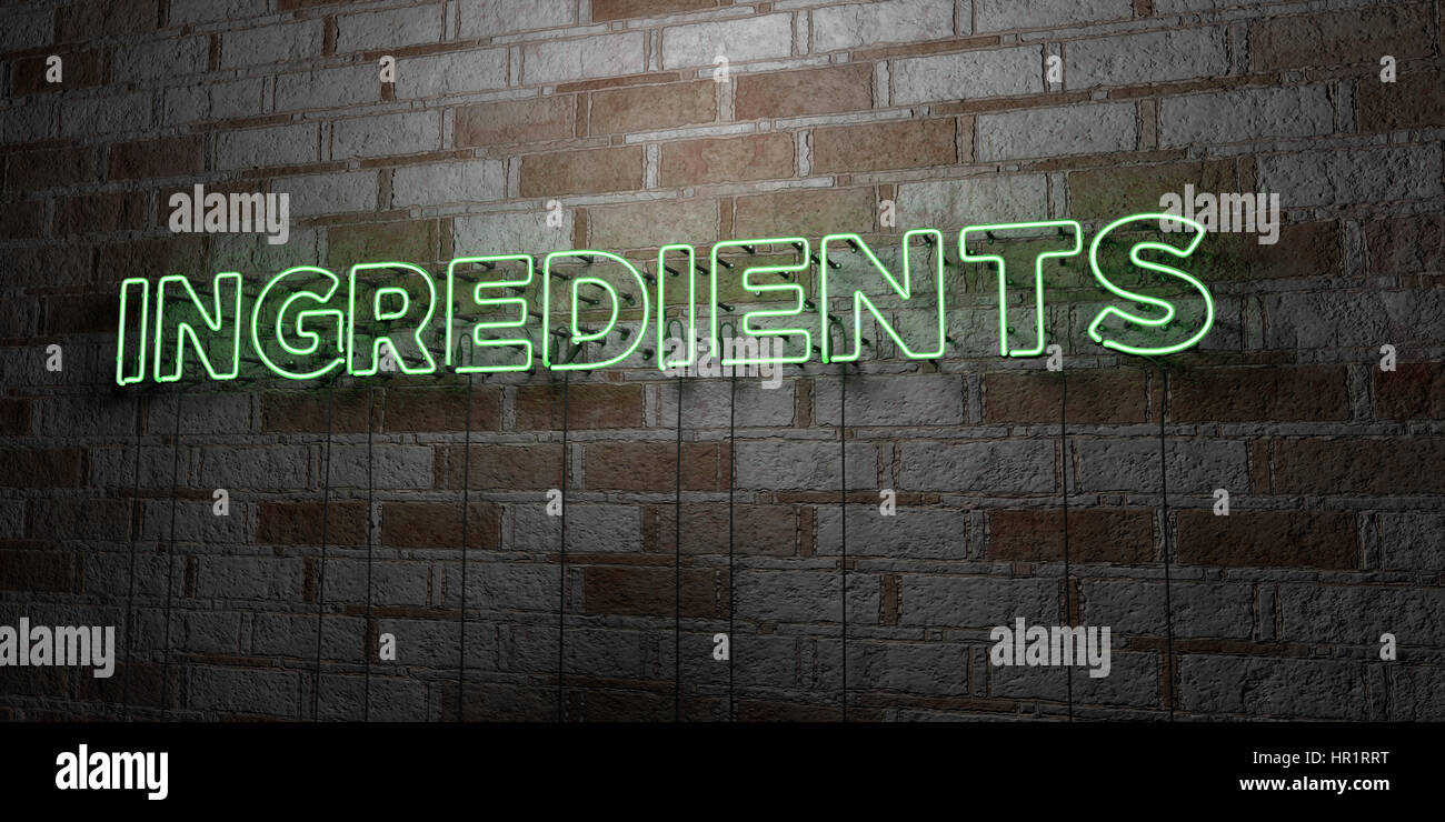 INGREDIENTS - Glowing Neon Sign on stonework wall - 3D rendered royalty ...