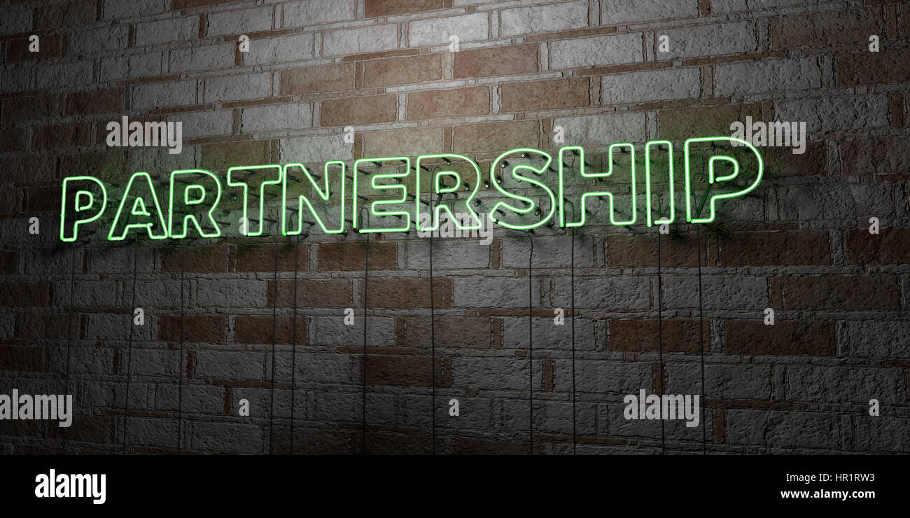PARTNERSHIP - Glowing Neon Sign on stonework wall - 3D rendered royalty ...