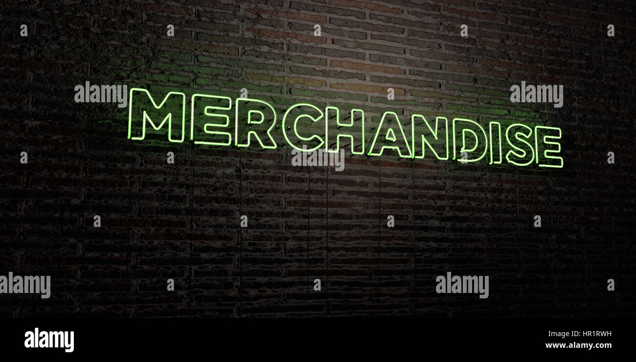 MERCHANDISE -Realistic Neon Sign on Brick Wall background - 3D rendered ...