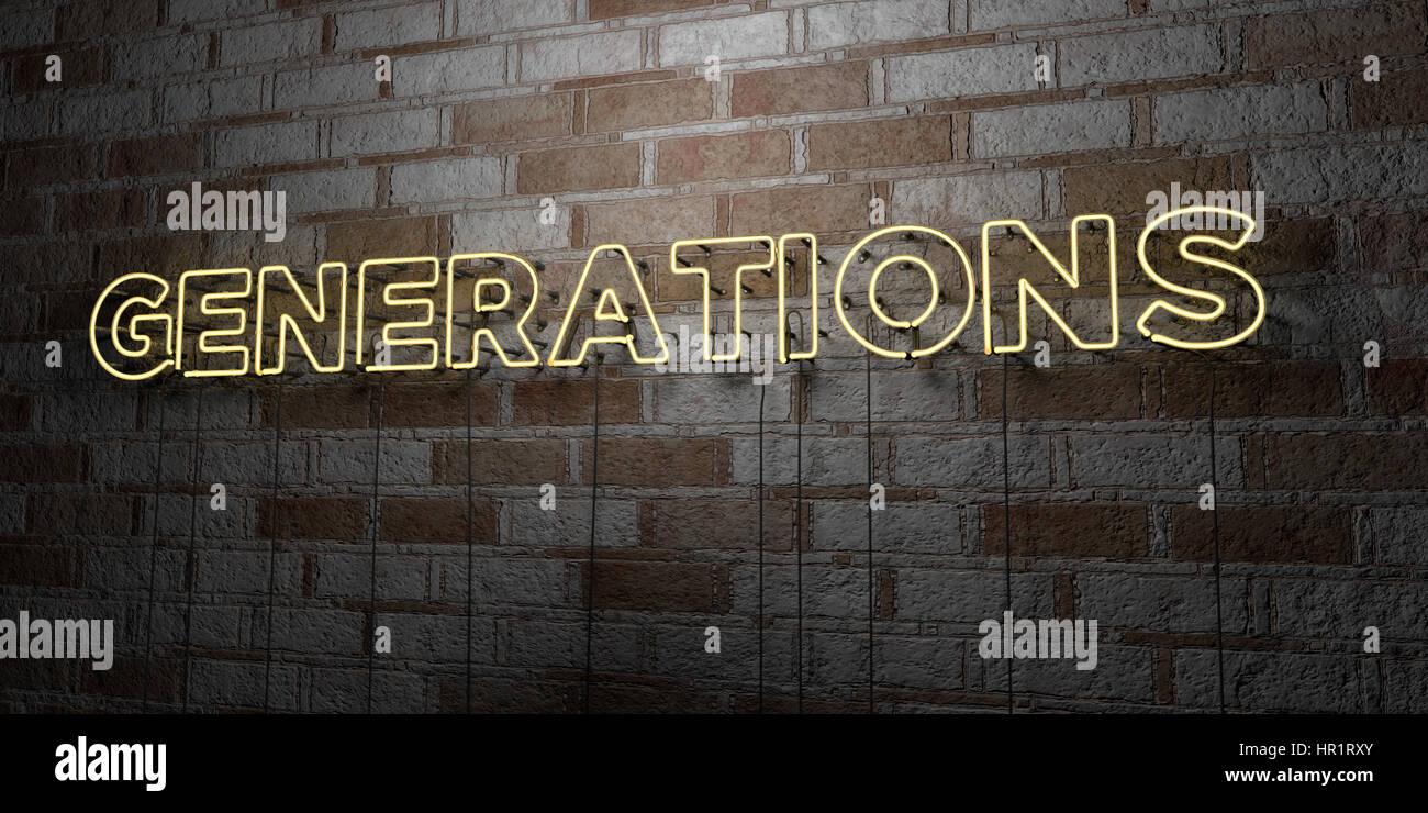 GENERATIONS - Glowing Neon Sign on stonework wall - 3D rendered royalty ...