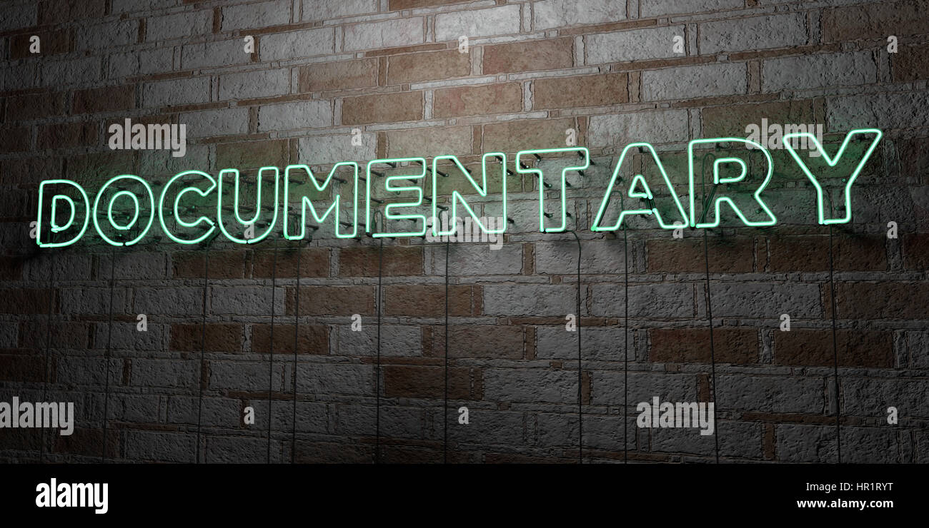 DOCUMENTARY - Glowing Neon Sign on stonework wall - 3D rendered royalty ...