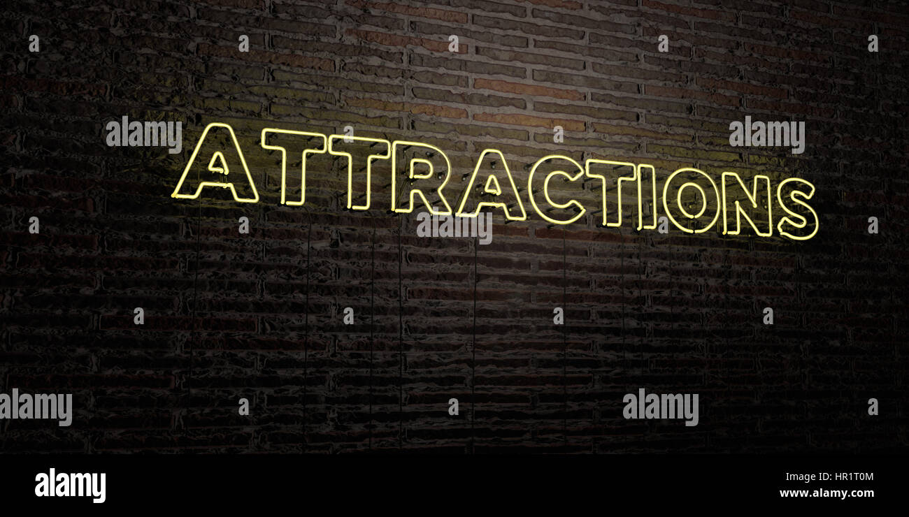 ATTRACTIONS -Realistic Neon Sign on Brick Wall background - 3D rendered ...